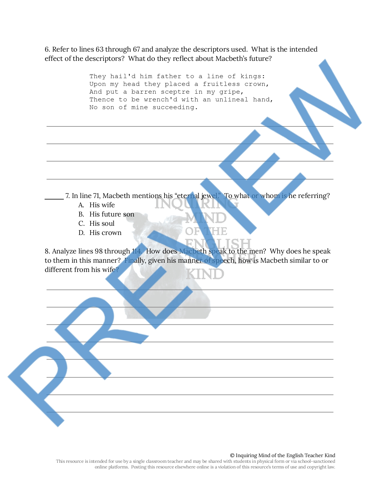 Macbeth Act 3 Scene 1 Close Reading Worksheet | Teaching Resources