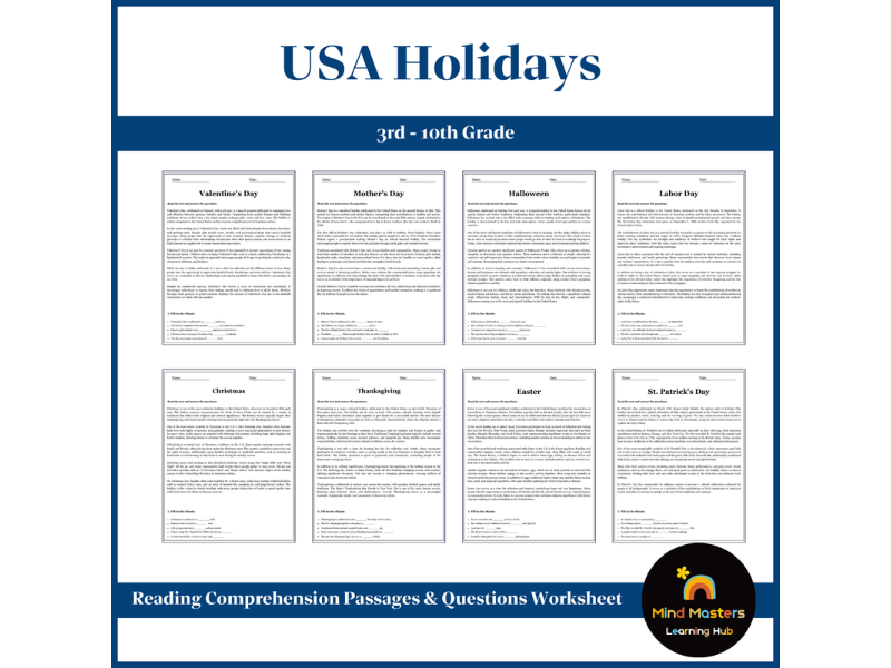 USA Holidays Reading Comprehension Passages & Questions Worksheets ...