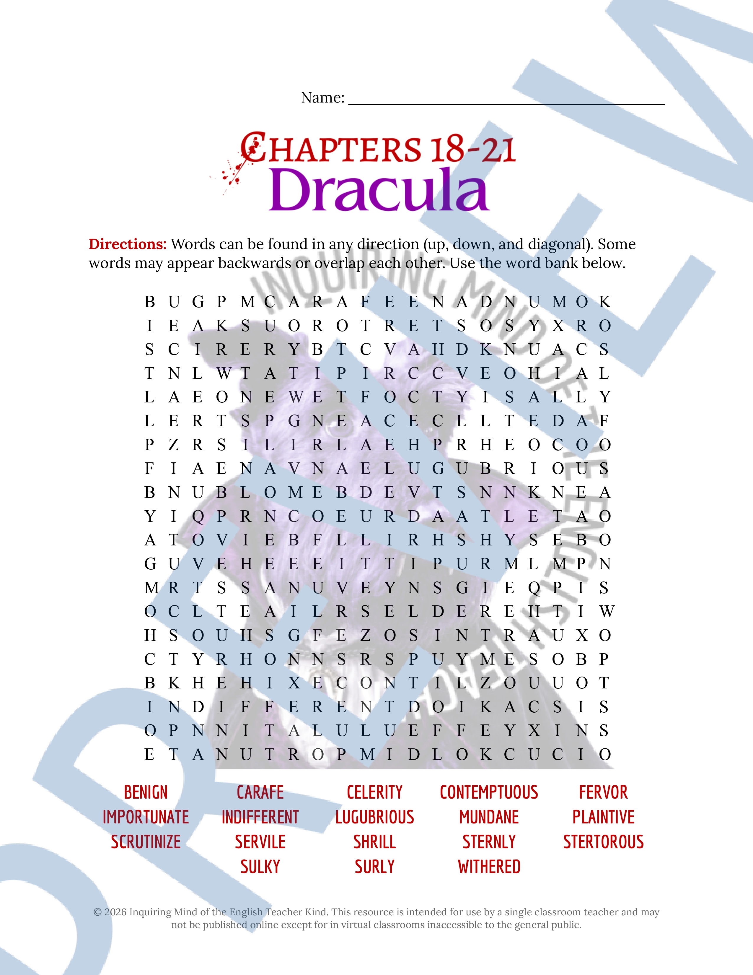 Dracula Chapters 18, 19, 20, and 21 Vocabulary Worksheet, Crossword ...