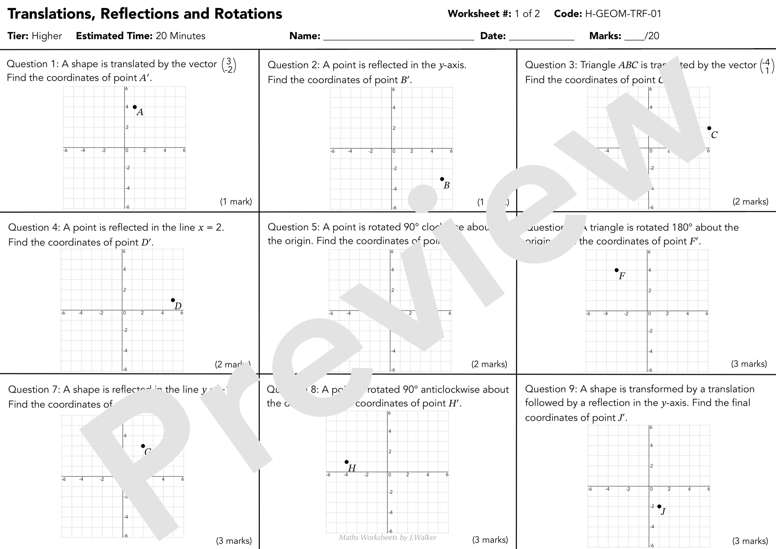 GCSE Maths Worksheet: Translations, Reflections and Rotations - Higher ...