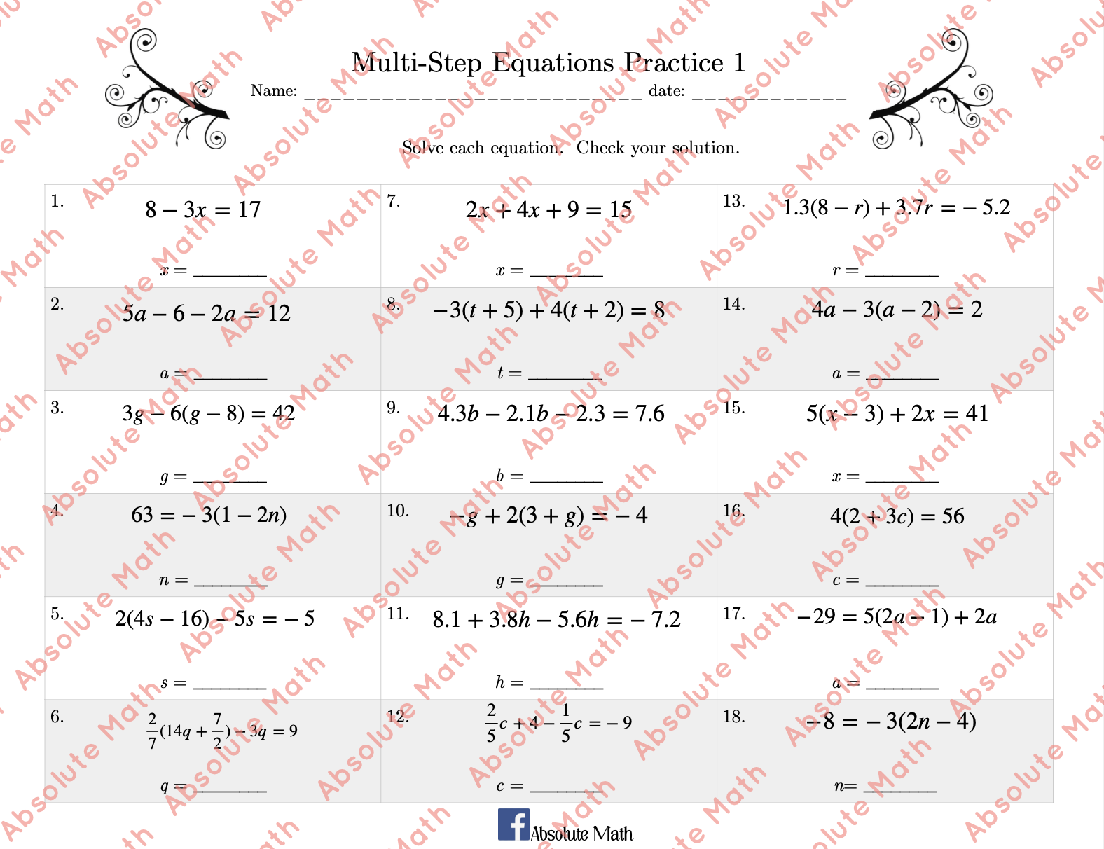 Multi-Step Equations Practice 1 | Teaching Resources