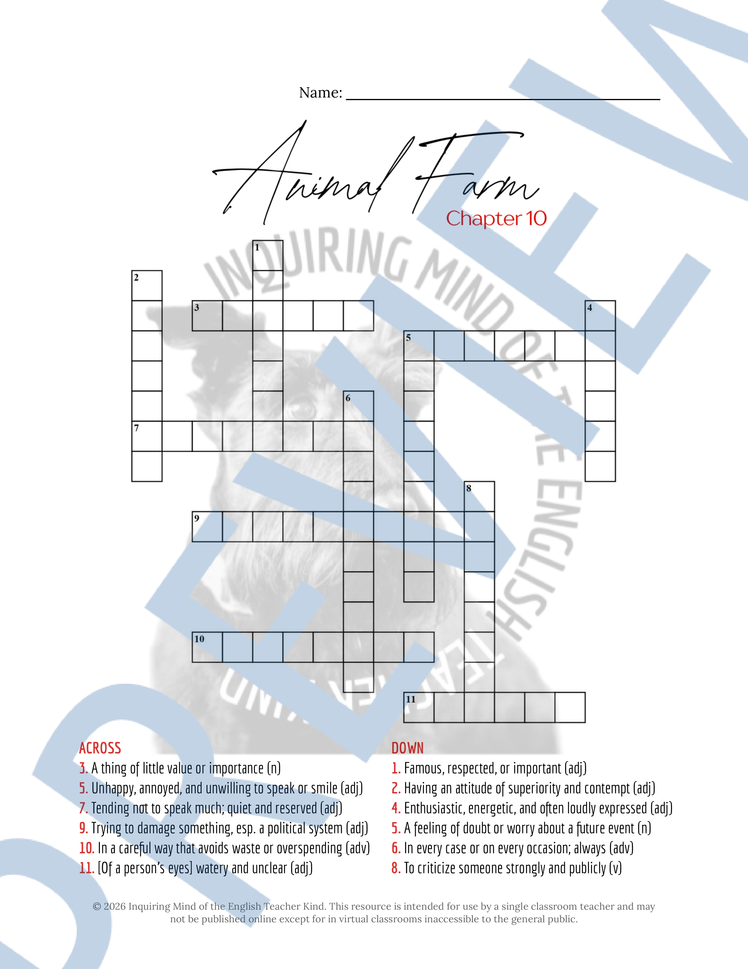 Animal Farm Chapter 10 Vocabulary Worksheet, Crossword Puzzle, and Word ...