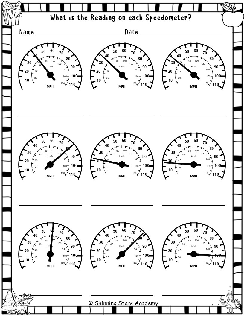 Reading a Speedometer (Miles Per Hour) Worksheets | Real-World Math ...