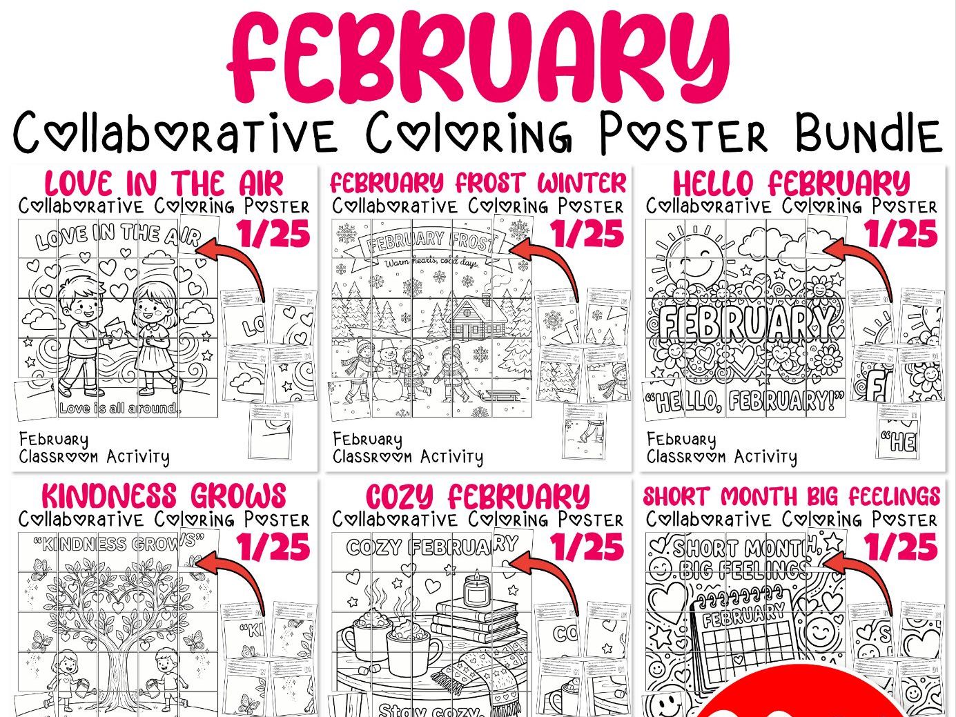 February Collaborative Coloring Poster Bundle | 6 Classroom Activities ...