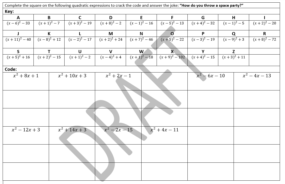 Completing the Square Codebreakers | Teaching Resources