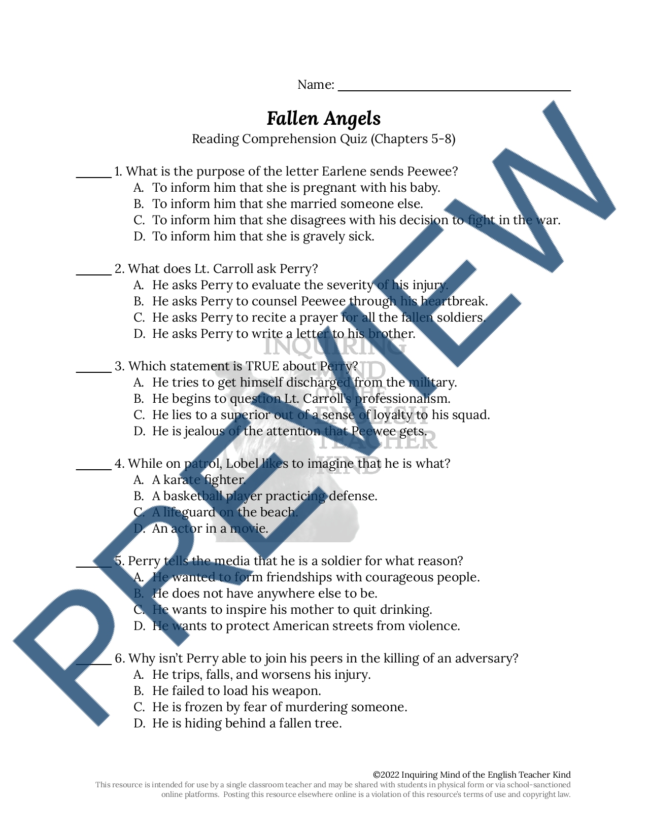 Fallen Angels by Walter Dean Myers Chapters 5 through 8 Quiz | Teaching ...