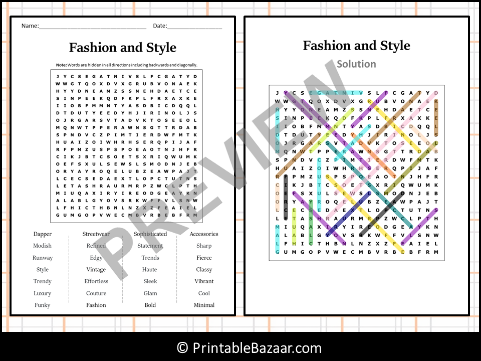Word Search Fashion And Glamour