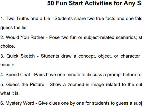 50 Fun Starter Activities | Teaching Resources