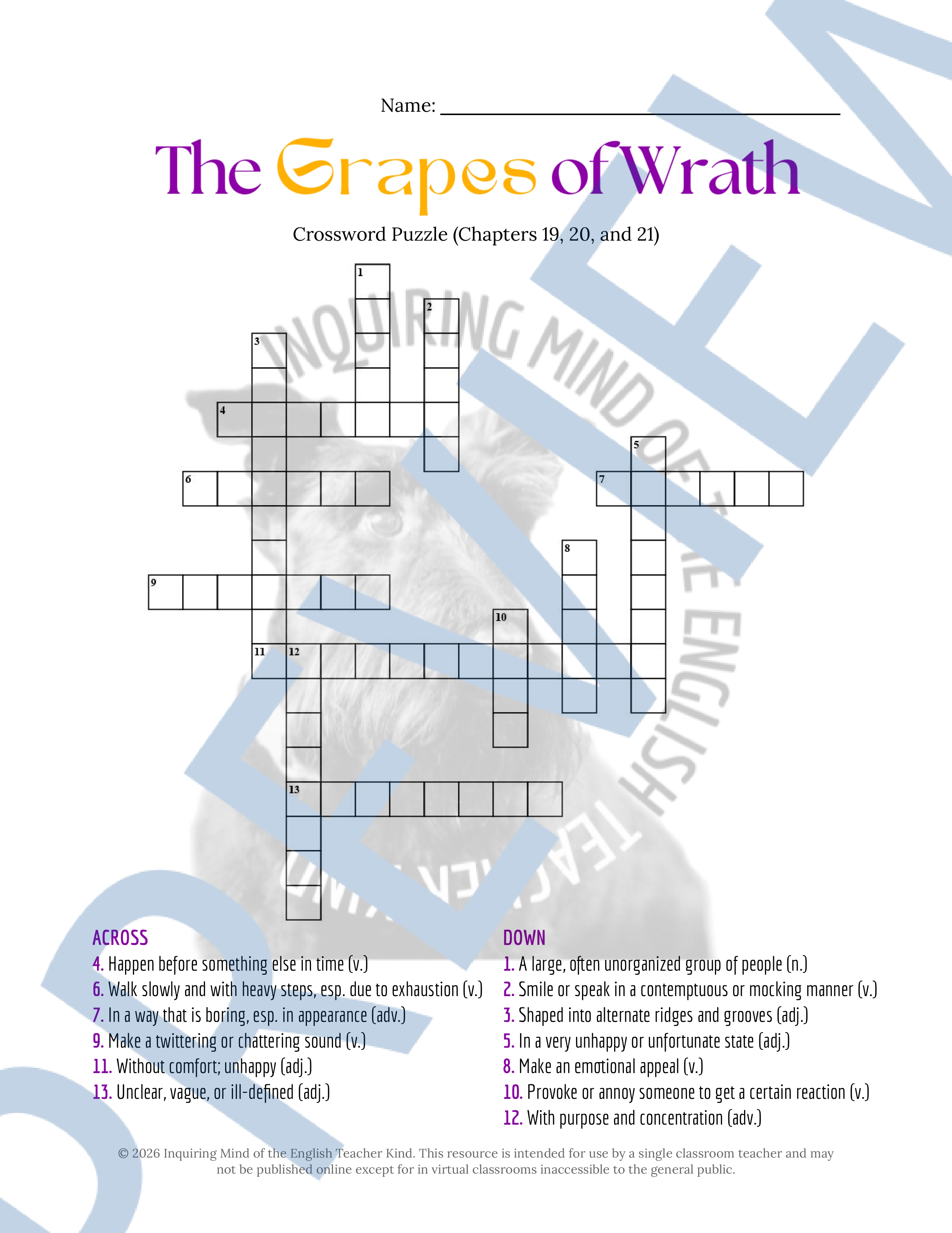 The Grapes of Wrath Chapters 19, 20 & 21 Vocabulary Worksheet ...