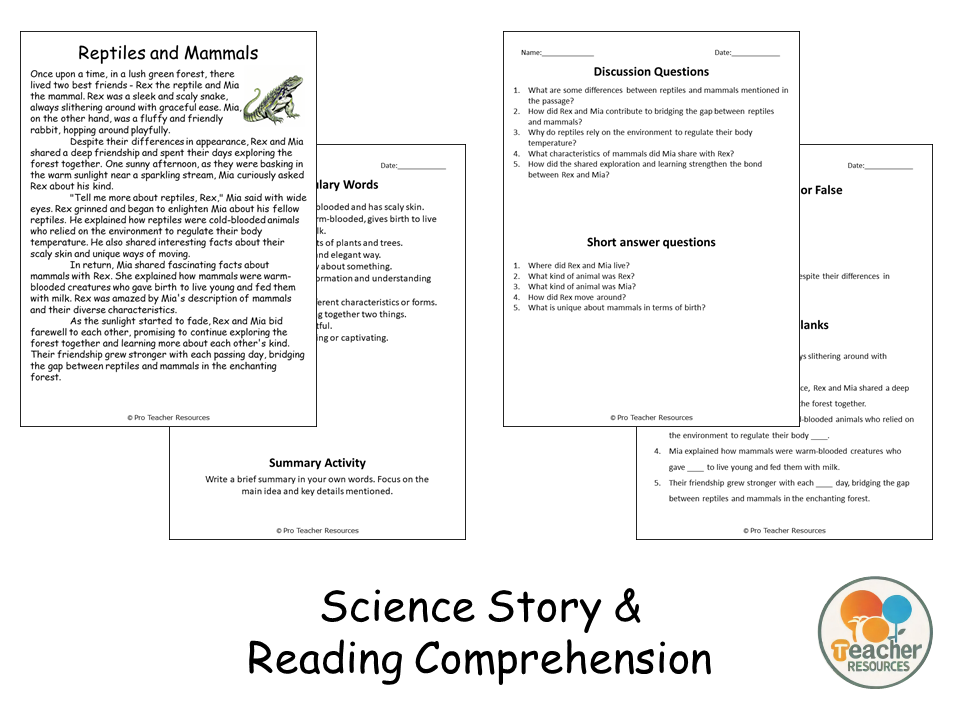 Reptiles and Mammals Reading Science Story Comprehension Questions ...