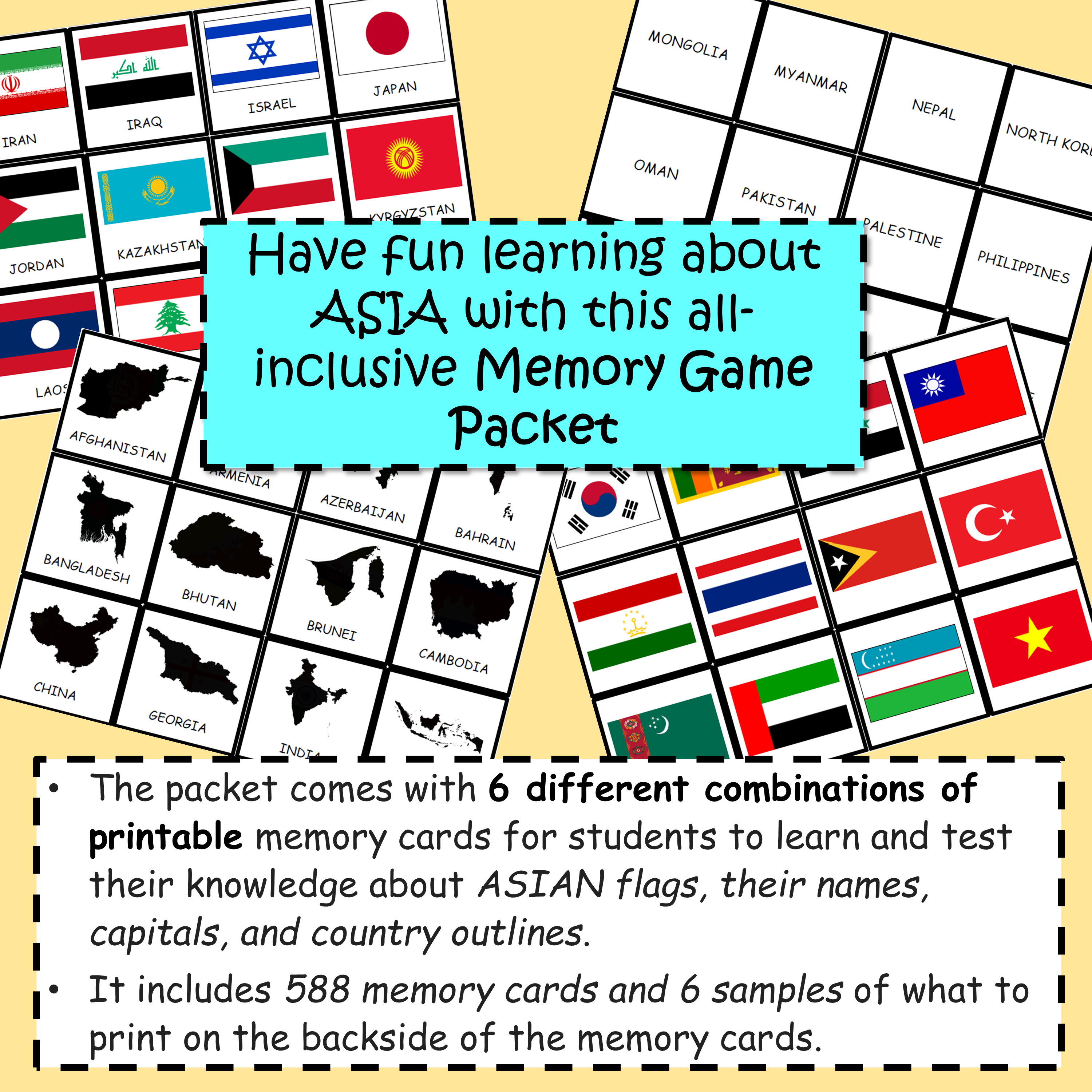 ASIA MEMORY GAME | Flags, Capital Cities and Outlines | Teaching Resources