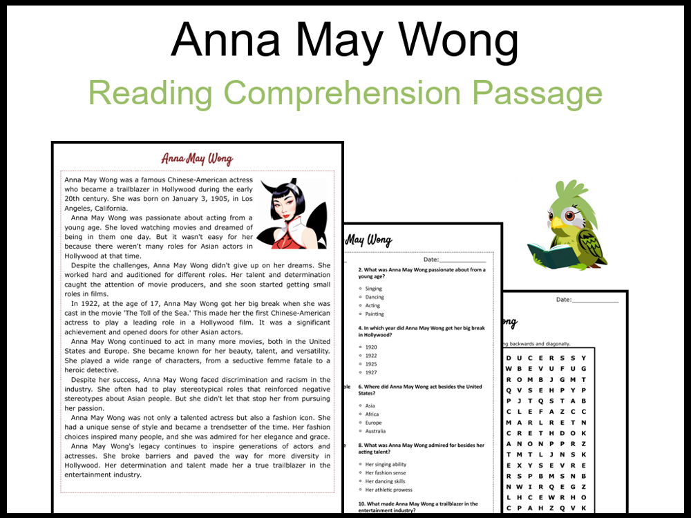 Anna May Wong Reading Comprehension and Word Search | Teaching Resources