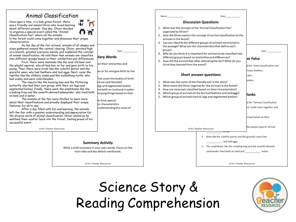 Animal Classification Reading Science Story Comprehension Questions ...