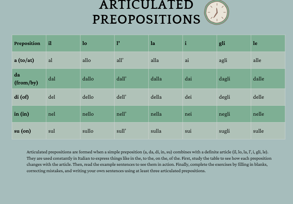 ITALIAN REVISION - Prepositions & Articulated Prepositions B1 ...