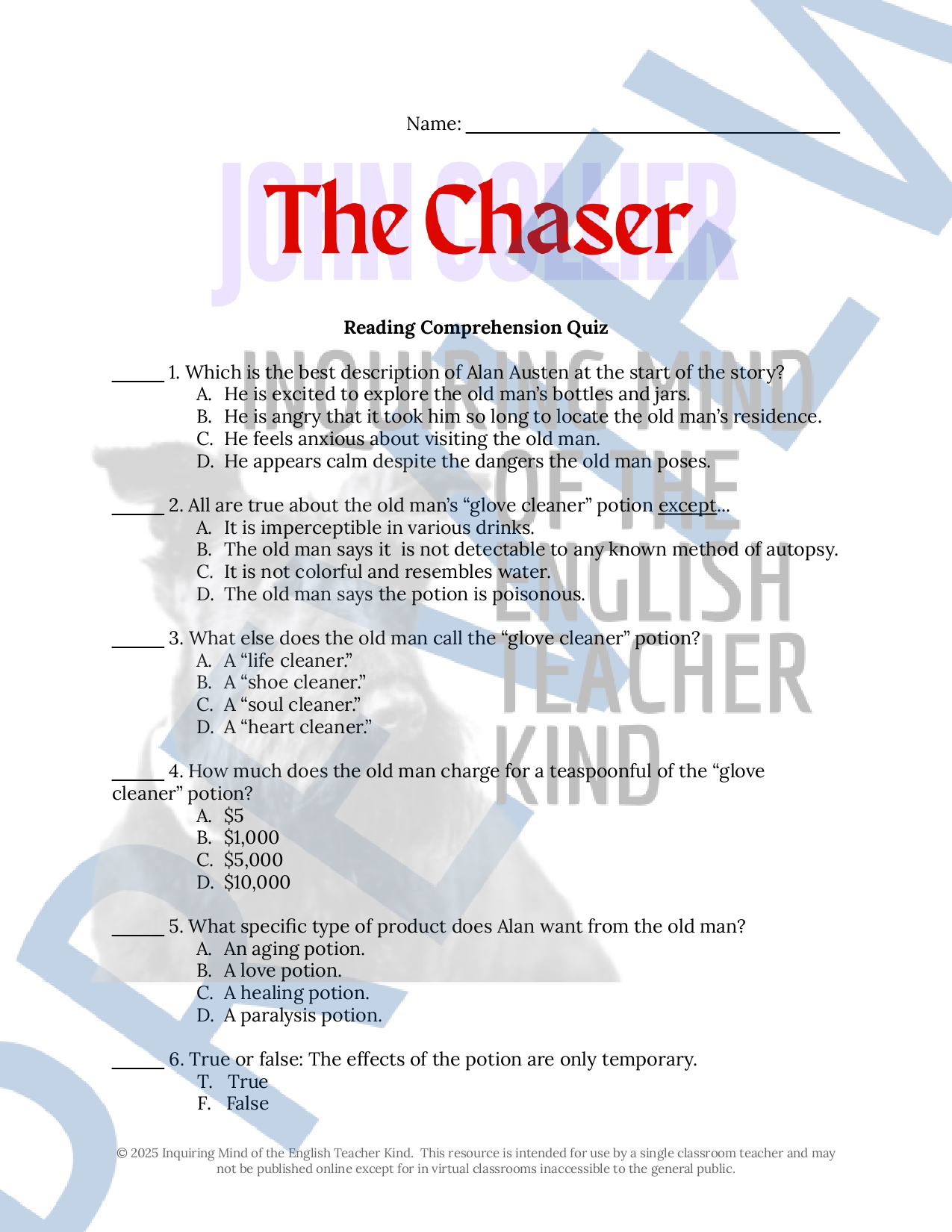 "The Chaser" by John Collier Quiz and Answer Key | Teaching Resources