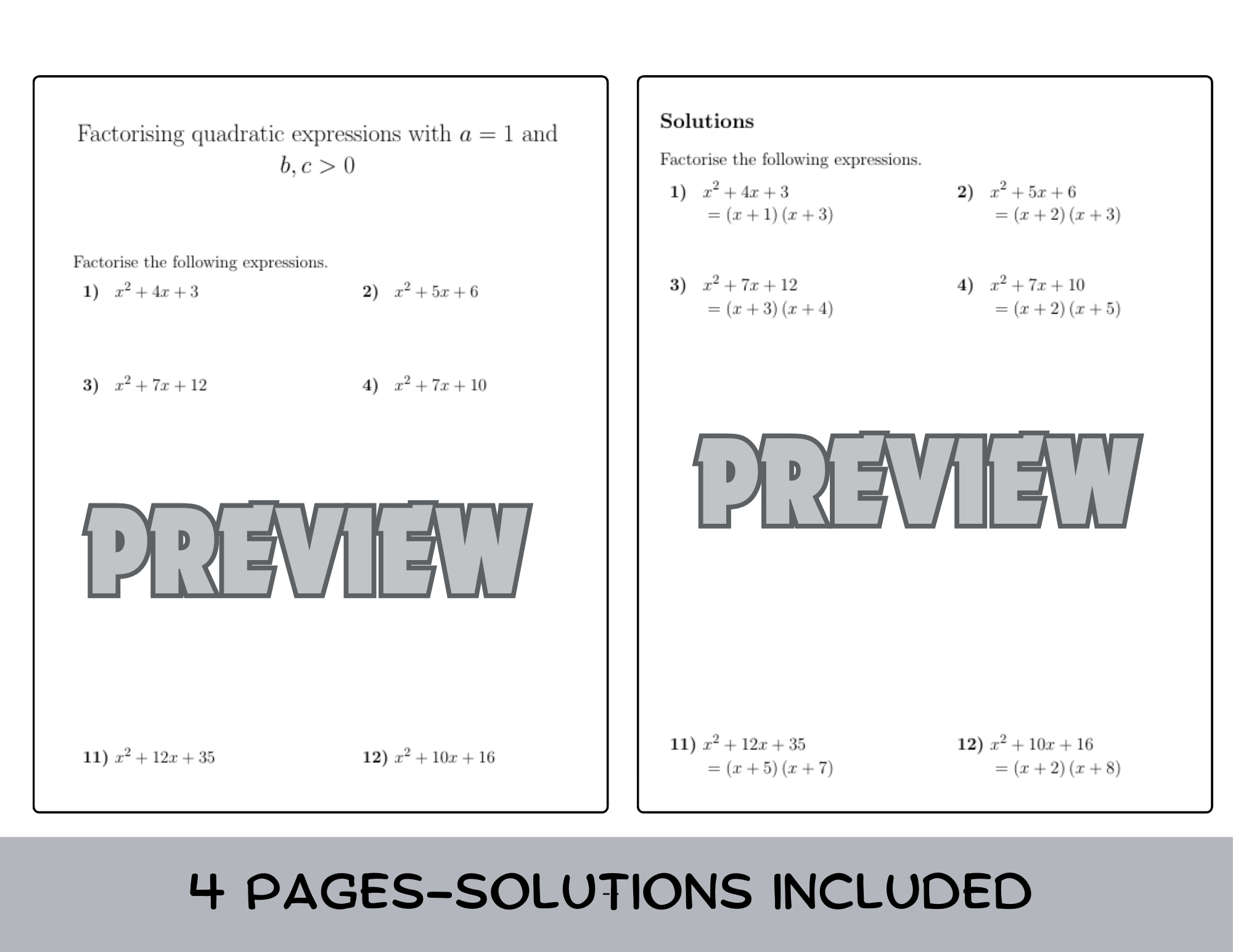 Factorising quadratic expressions with a=1 and b, c > 0 worksheet (with ...