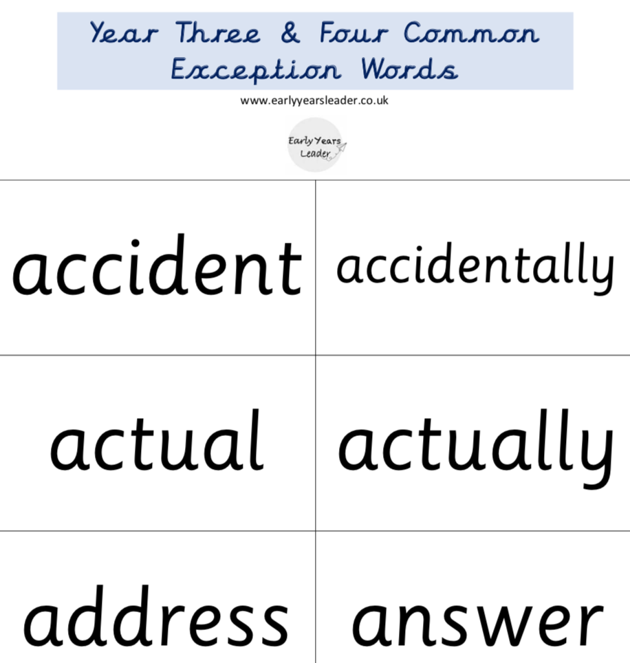 Year 3 and Year 4 Common Exception Flashcards | Teaching Resources