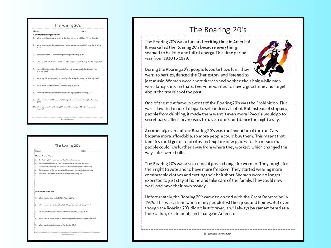 The Roaring 20's Reading Comprehension Passage Printable Worksheet ...