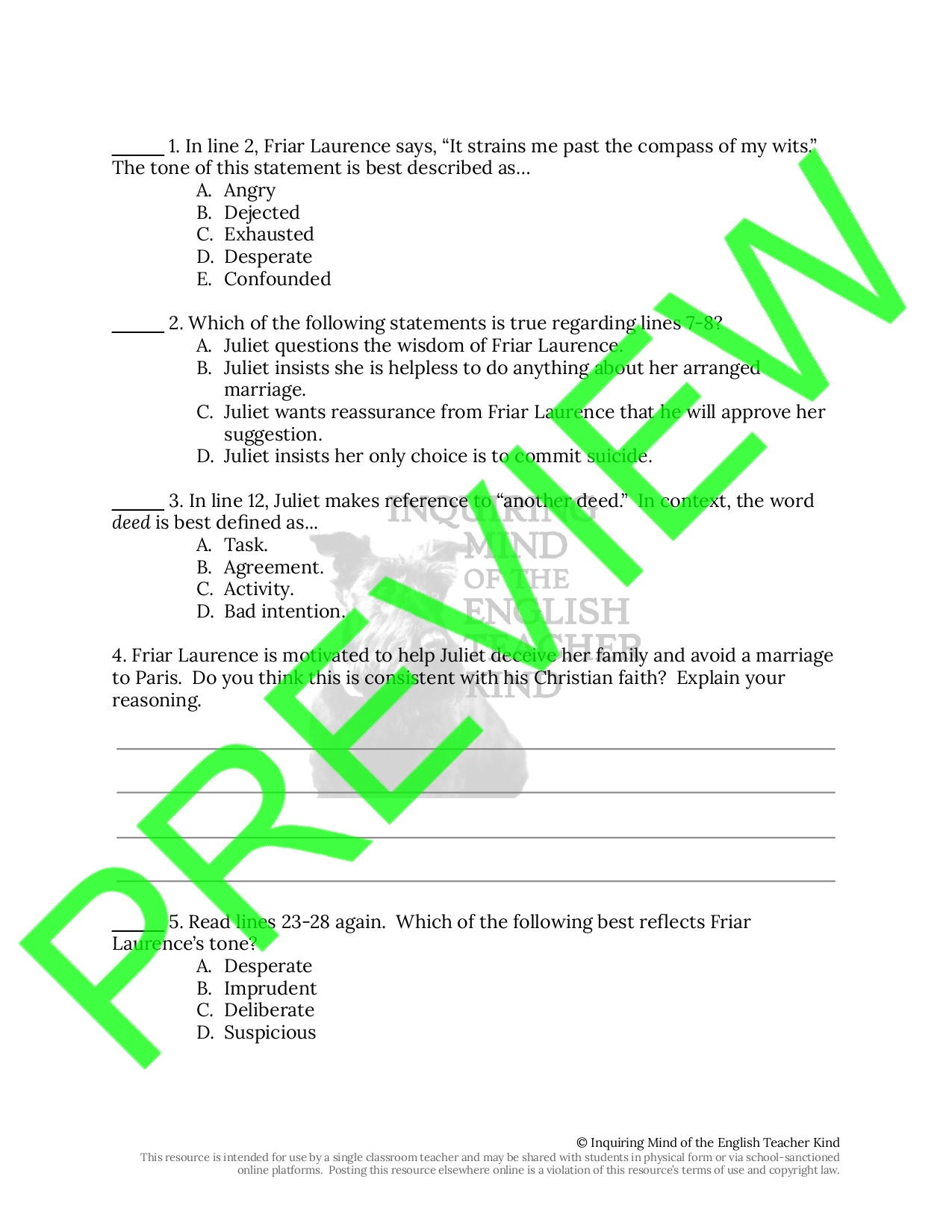 Romeo and Juliet Act 4 Scene 1 Close Reading Worksheet | Teaching Resources