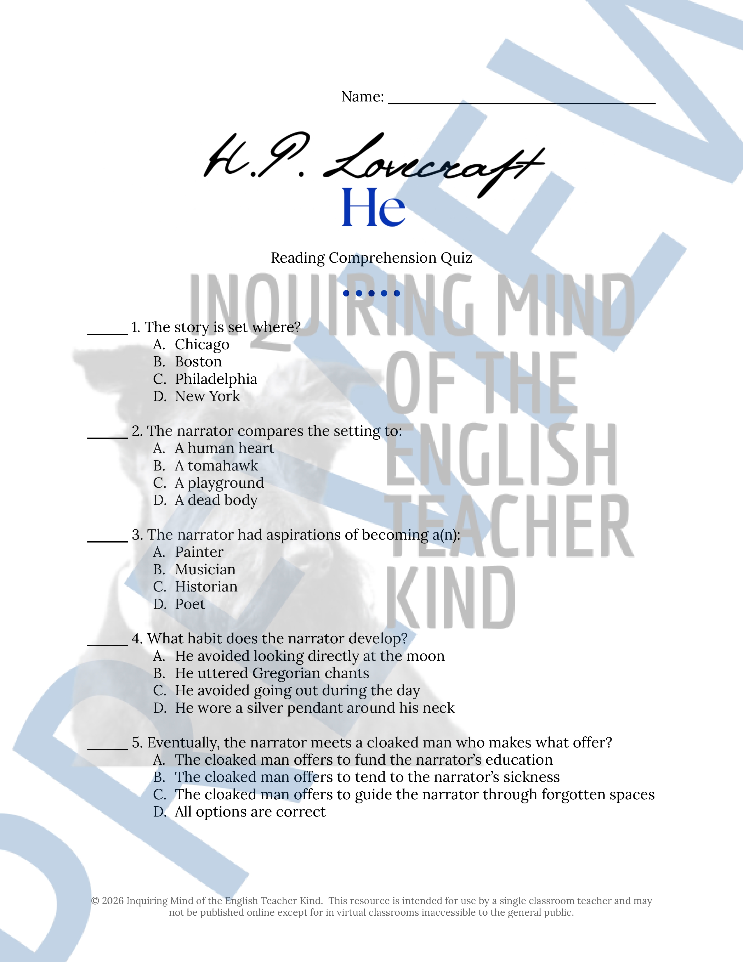 "He" by H.P. Lovecraft Quiz and Answer Key | Fantasy Literature ...