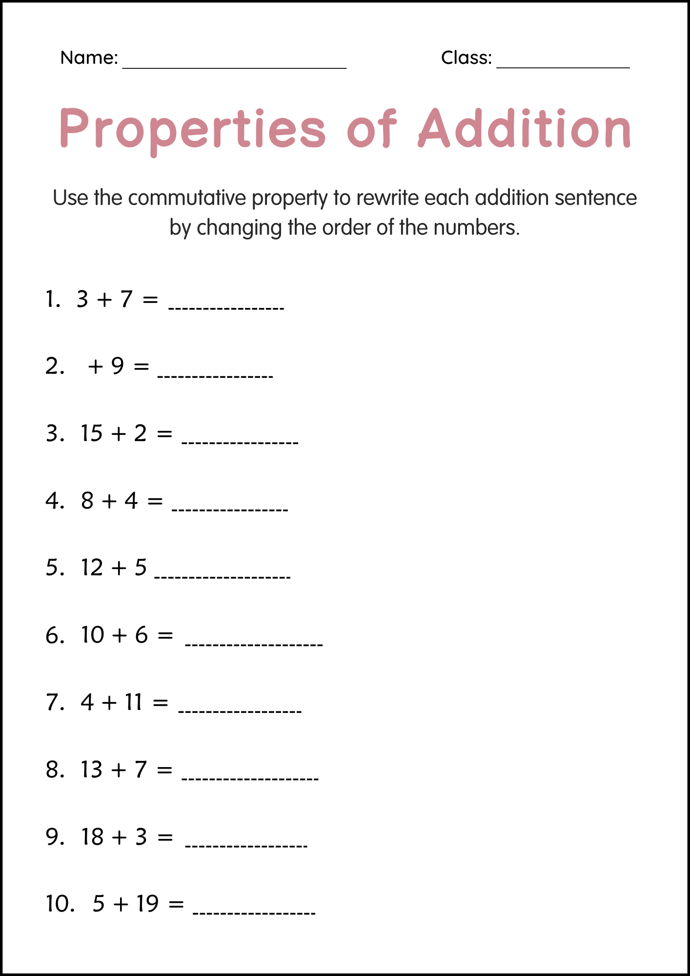 Commutative Property Of Addition Worksheets Grade 2