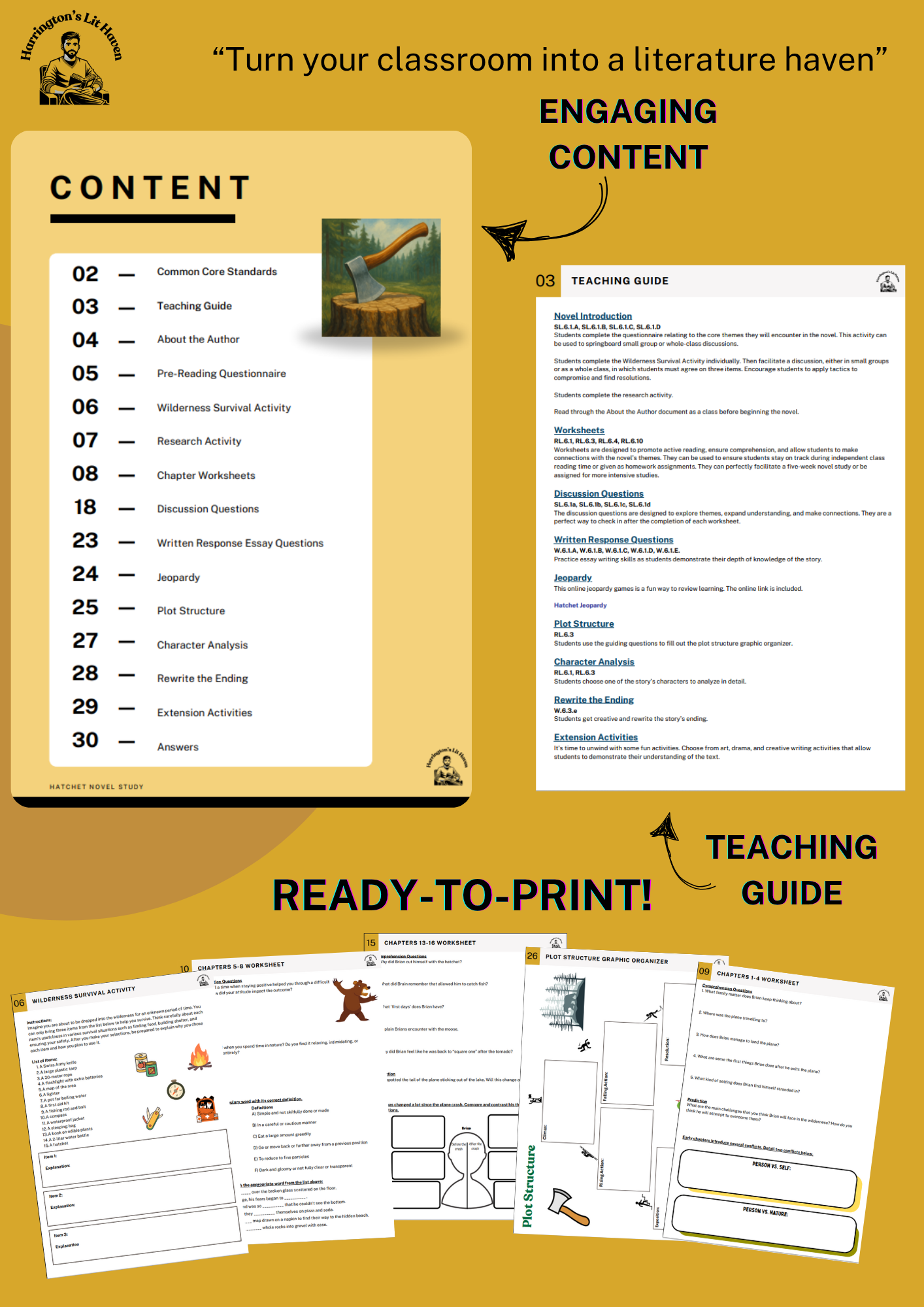 Hatchet Novel Study - Printable Chapter Worksheets, Discussions, Game ...