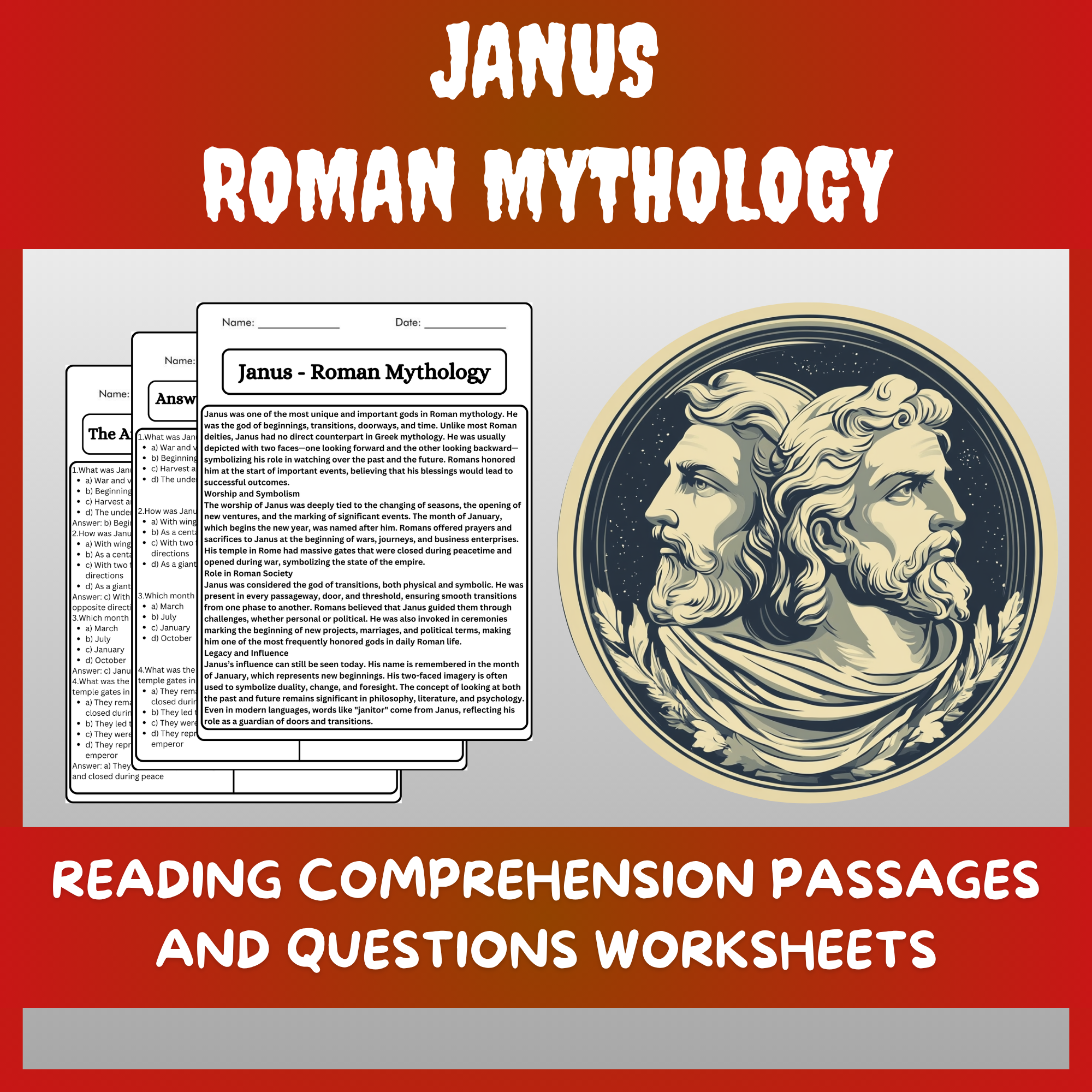 Janus - Roman Mythology Reading Comprehension Passages & Questions Worksheets | Teaching Resources