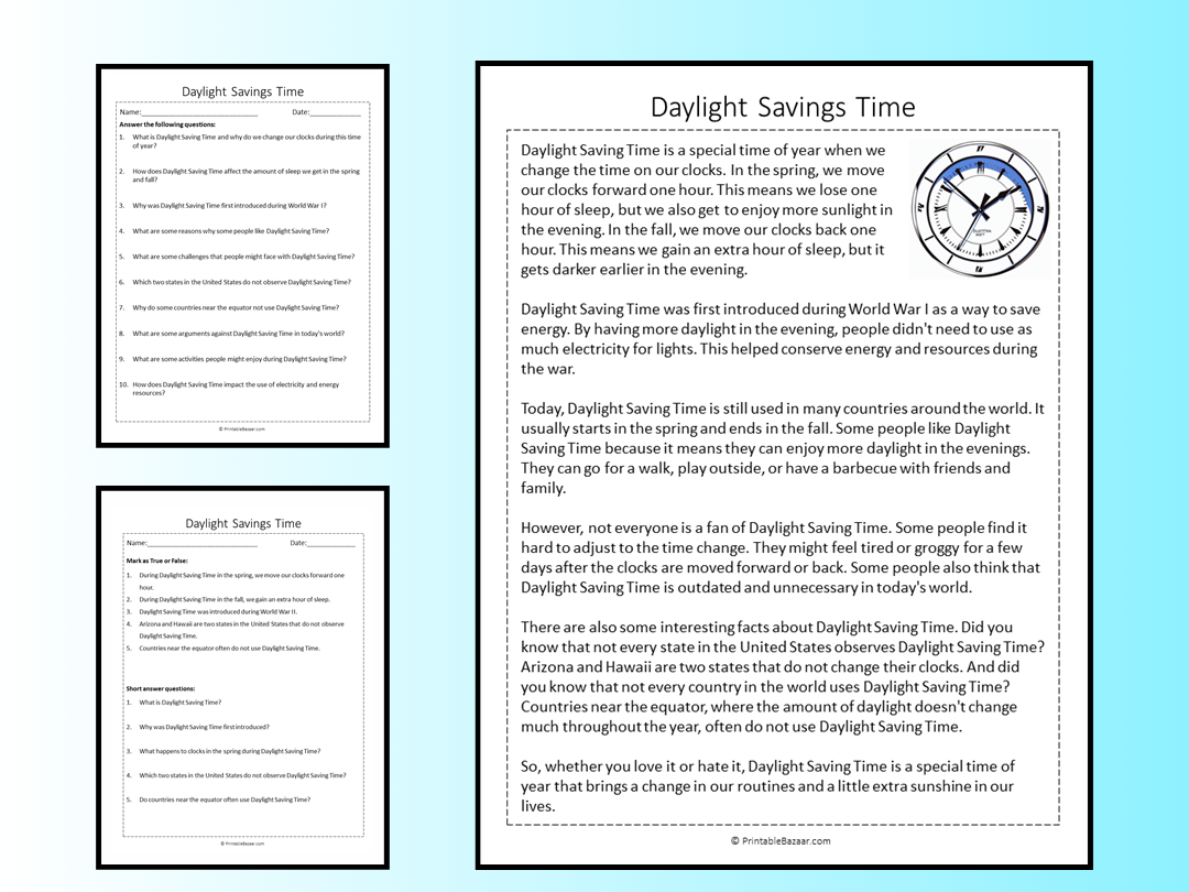 Daylight Savings Time Reading Comprehension Passage Printable Worksheet ...