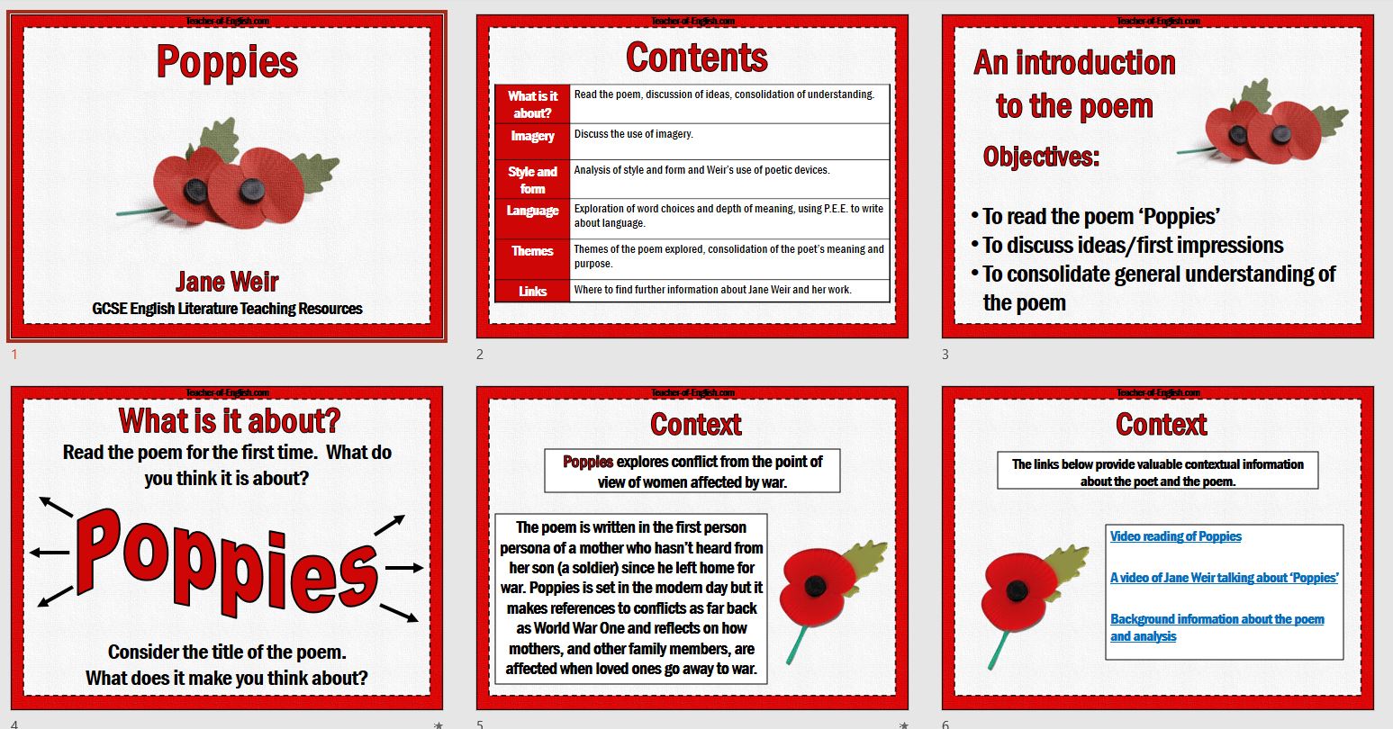 Poppies by Jane Weir | Teaching Resources