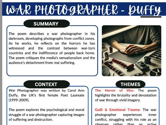 WAR PHOTOGRAPHER -CAROL ANN DUFFY Language, Form & Structure | Teaching ...