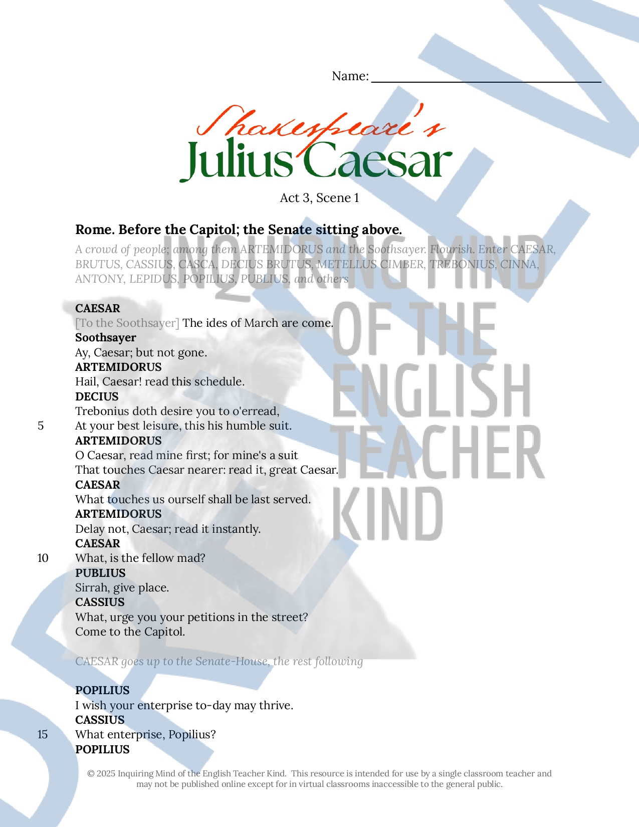 Julius Caesar Act 3 Scene 1 Close Reading Analysis Worksheet and Answer ...