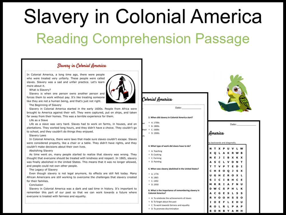 Slavery in Colonial America Reading Comprehension and Word Search ...