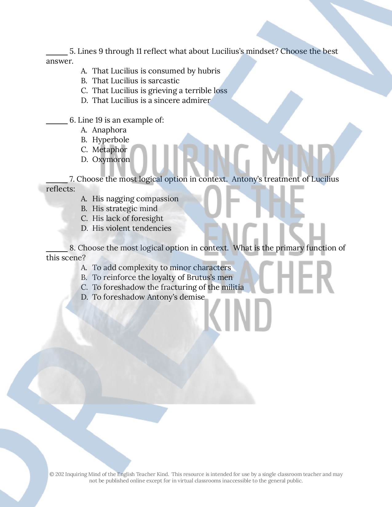 Julius Caesar Act 5 Scene 4 Close Reading Analysis Worksheet and Answer ...