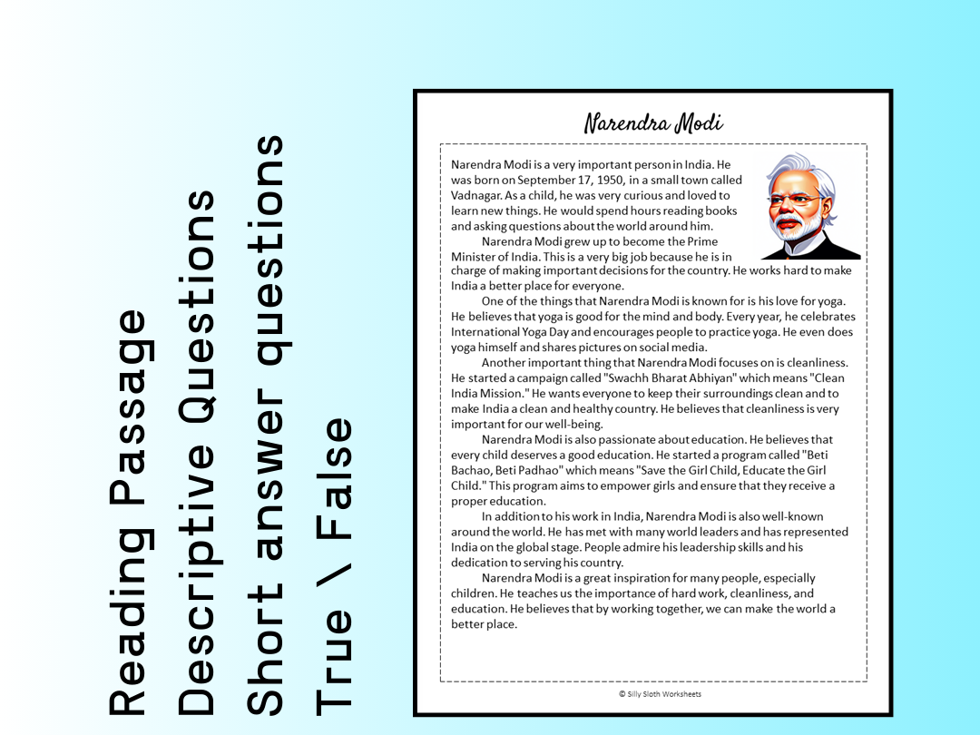 Narendra Modi Biography Reading Comprehension Passage Printable Worksheet PDF | Teaching Resources