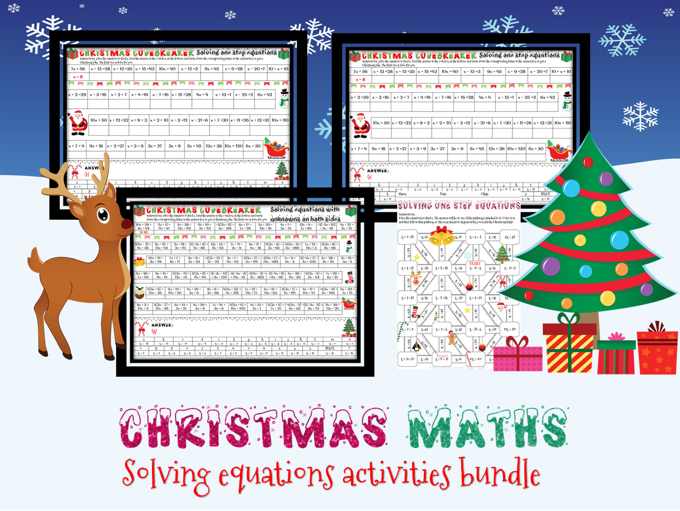 Christmas Maths Solving Equations Activities Bundle Teaching Resources