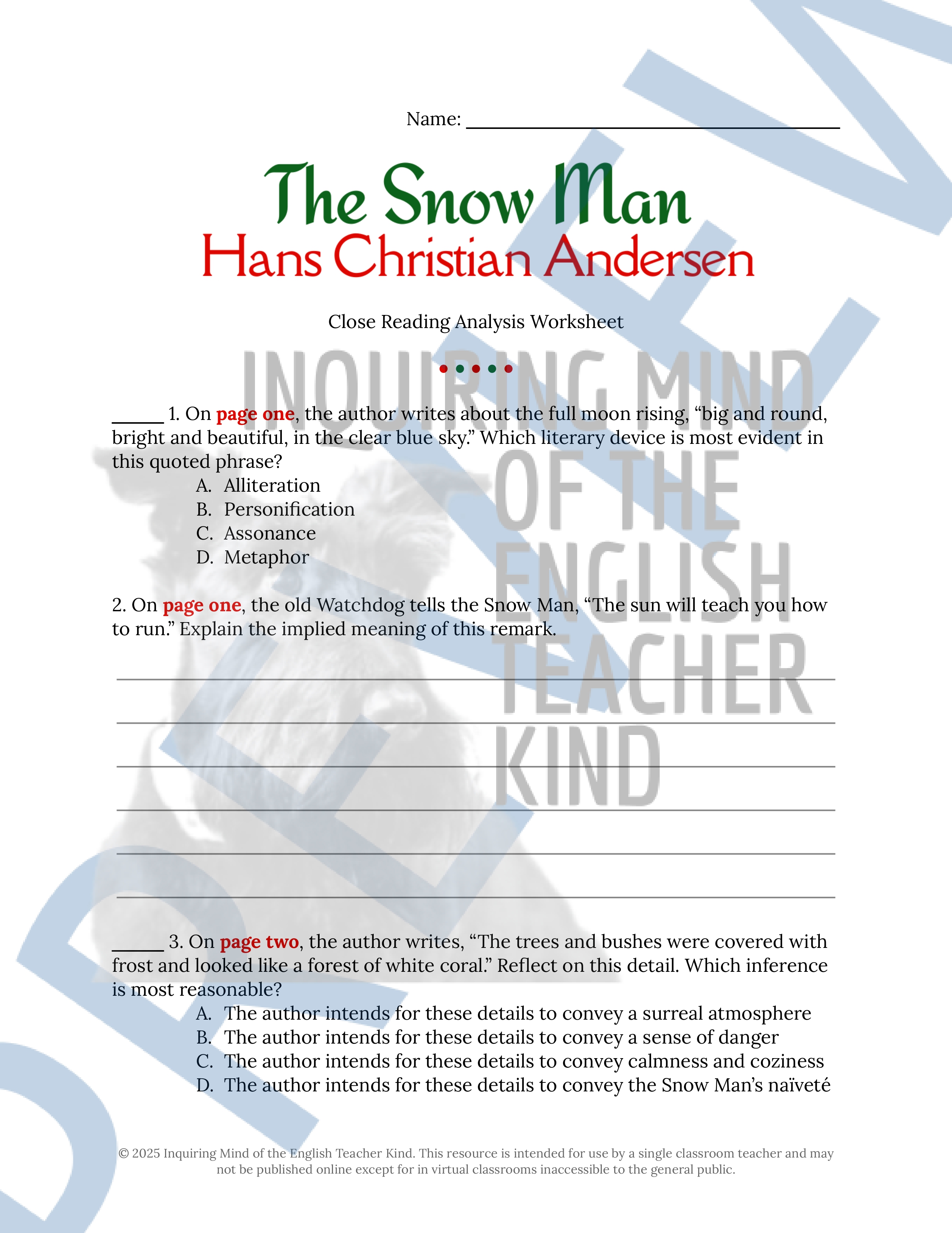 "The Snow Man" by Hans Christian Andersen Close Reading Analysis ...