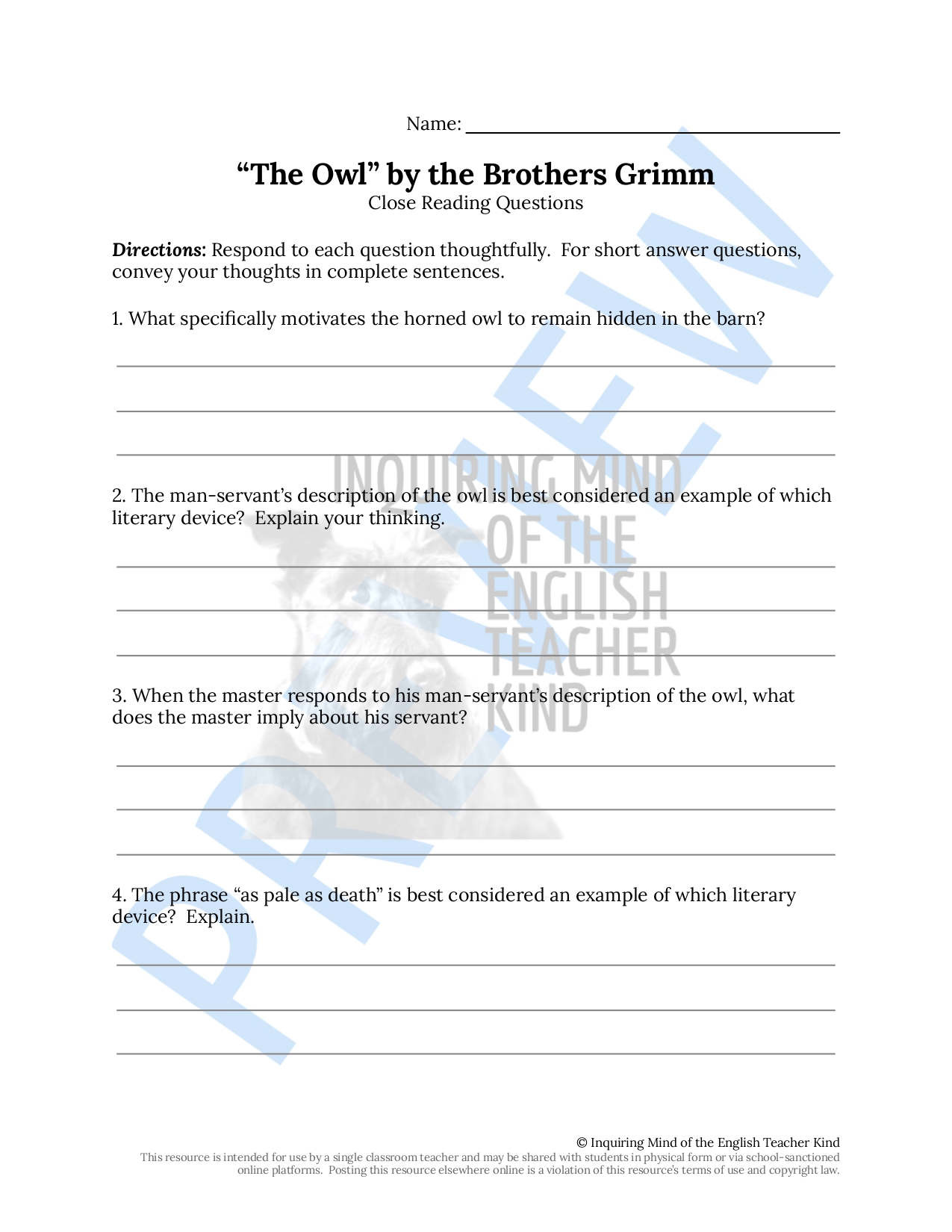 "The Owl" by the Brothers Grimm Close Reading Analysis Worksheet ...