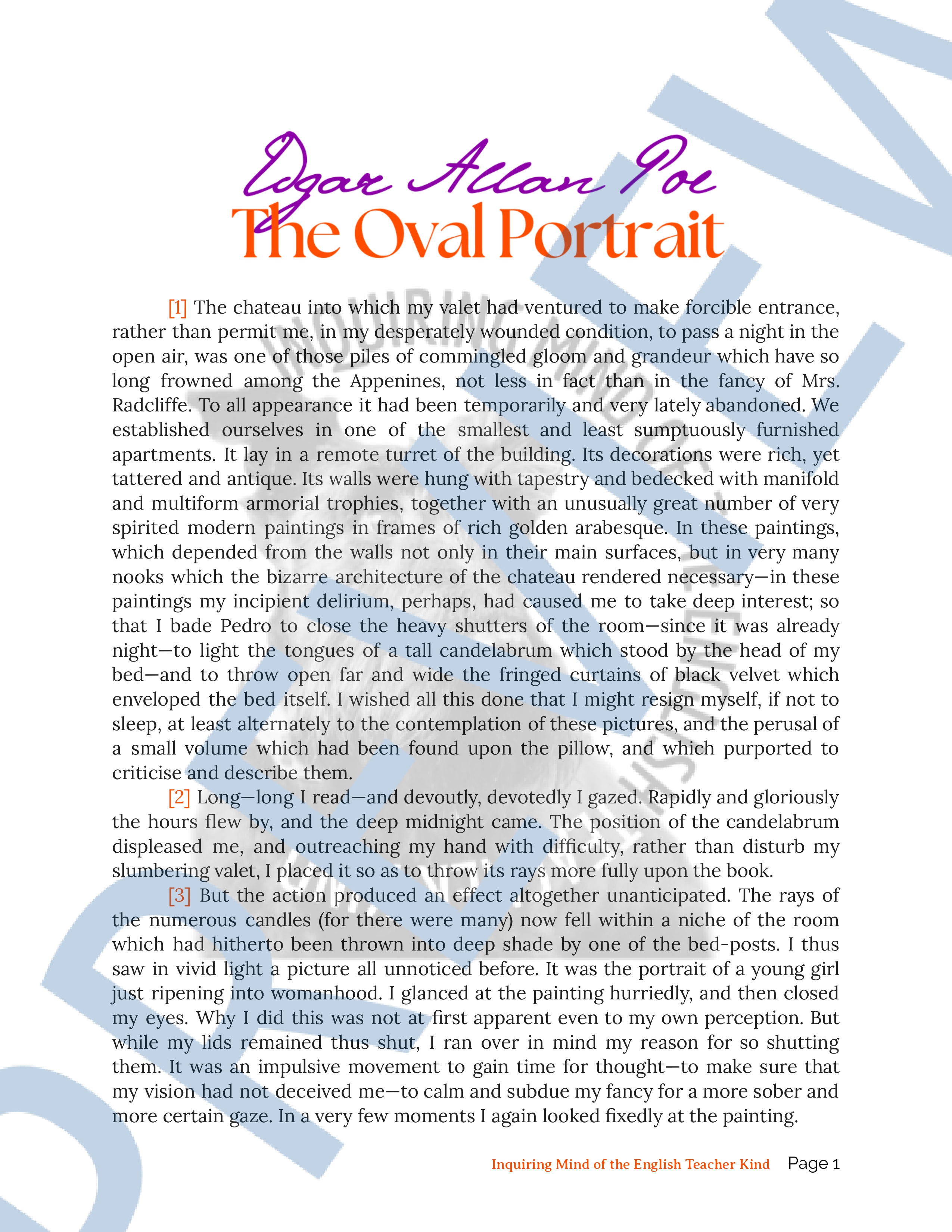 "The Oval Portrait" by Edgar Allan Poe | Elements of Gothic Fiction ...