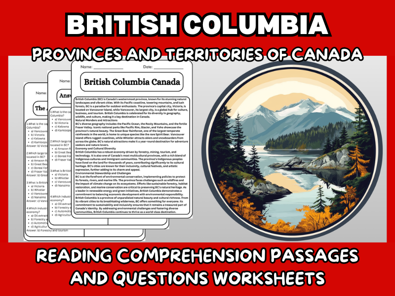 British Columbia - Provinces and Territories of Canada Reading Comprehension Passages Worksheets ...