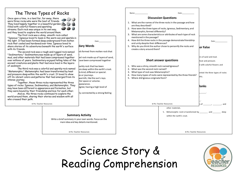 The Three Types of Rocks Reading Science Story Comprehension Questions ...