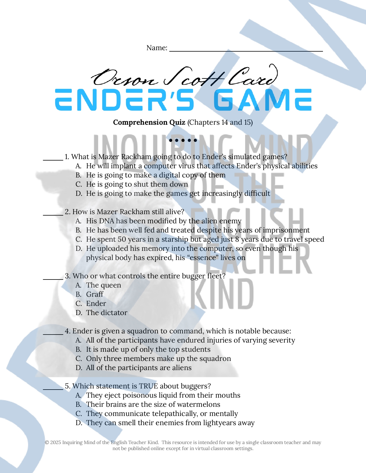 Ender's Game Chapters 14 and 15 Quiz and Answer Key | Teaching Resources