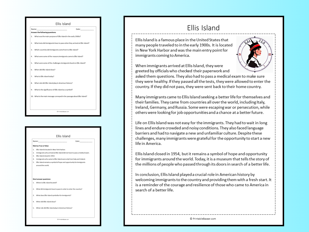Ellis Island Reading Comprehension Passage Printable Worksheet ...