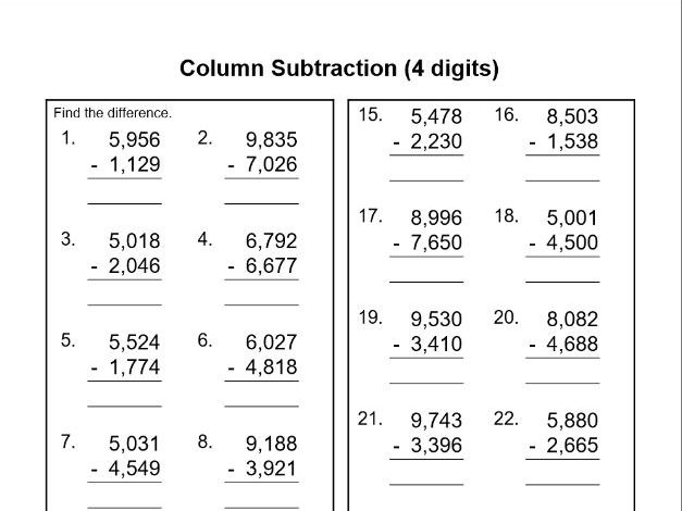 Column Subtraction 4 Digits Teaching Resources