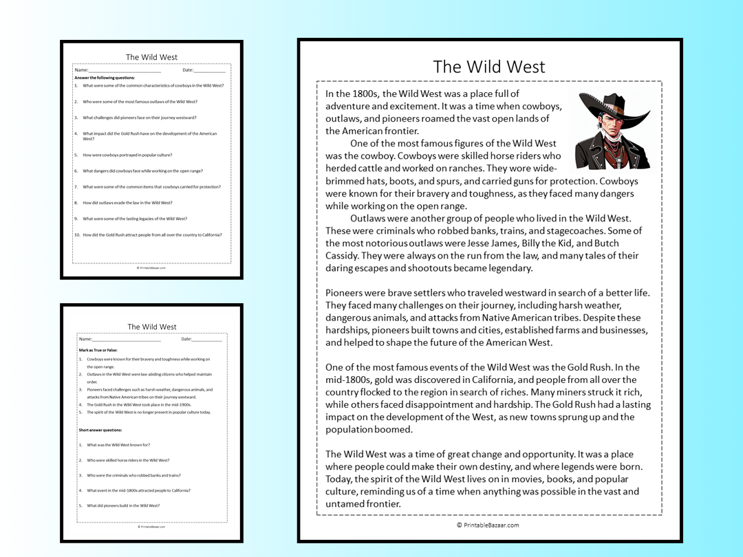 The Wild West Reading Comprehension Passage Printable Worksheet ...