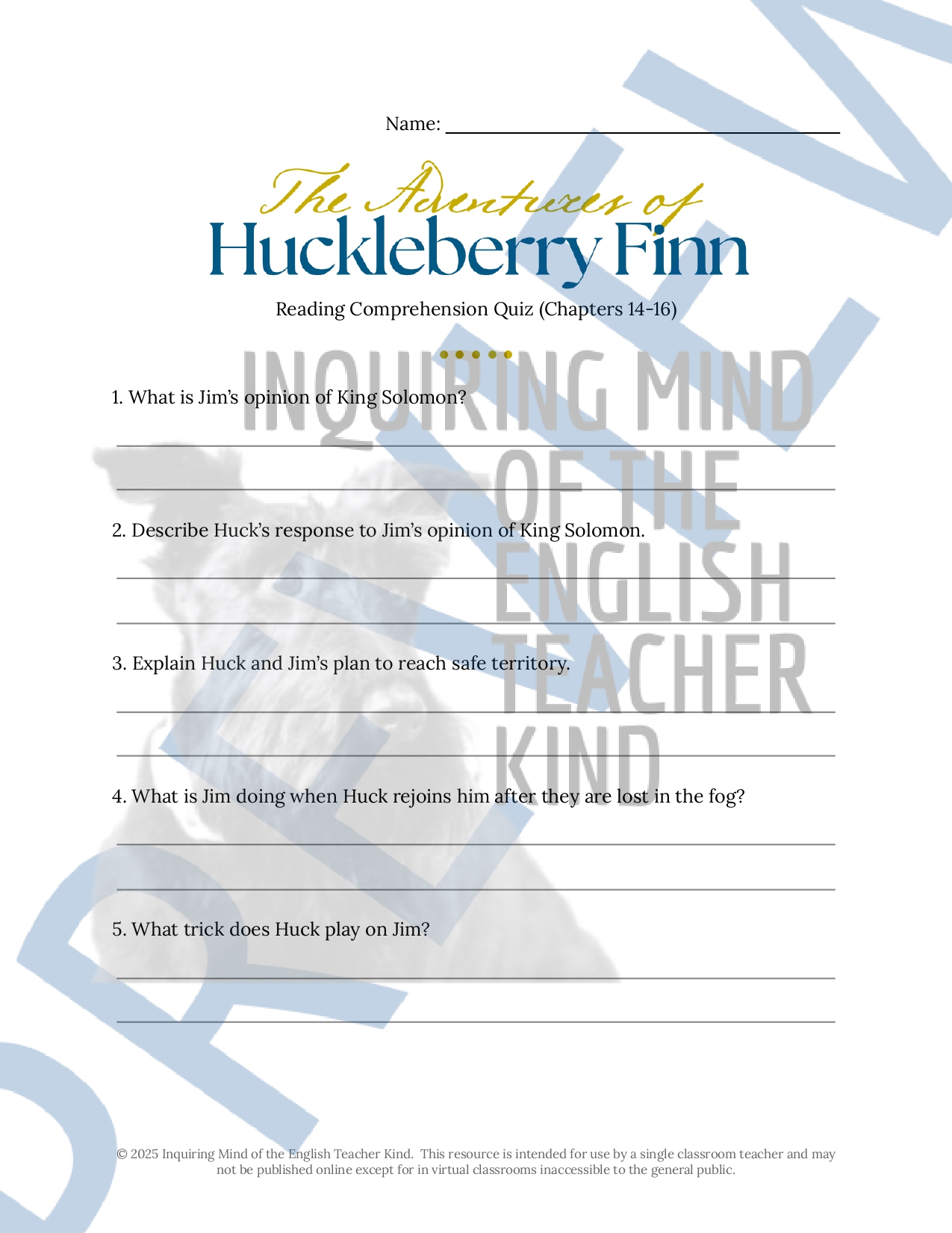 The Adventures of Huckleberry Finn Chapters 14, 15, and 16 Quiz and ...