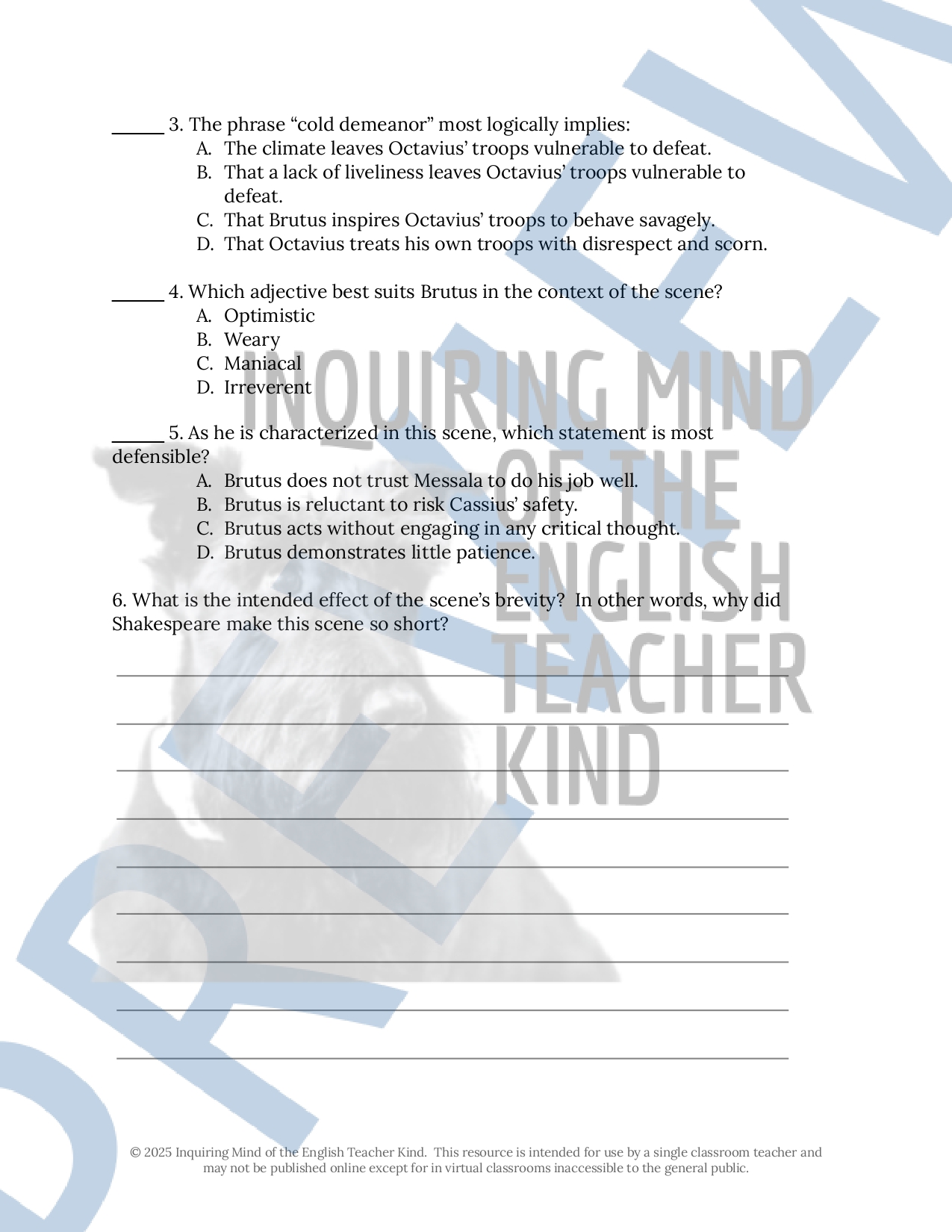 Julius Caesar Act 5 Scene 2 Close Reading Analysis Worksheet and Answer ...