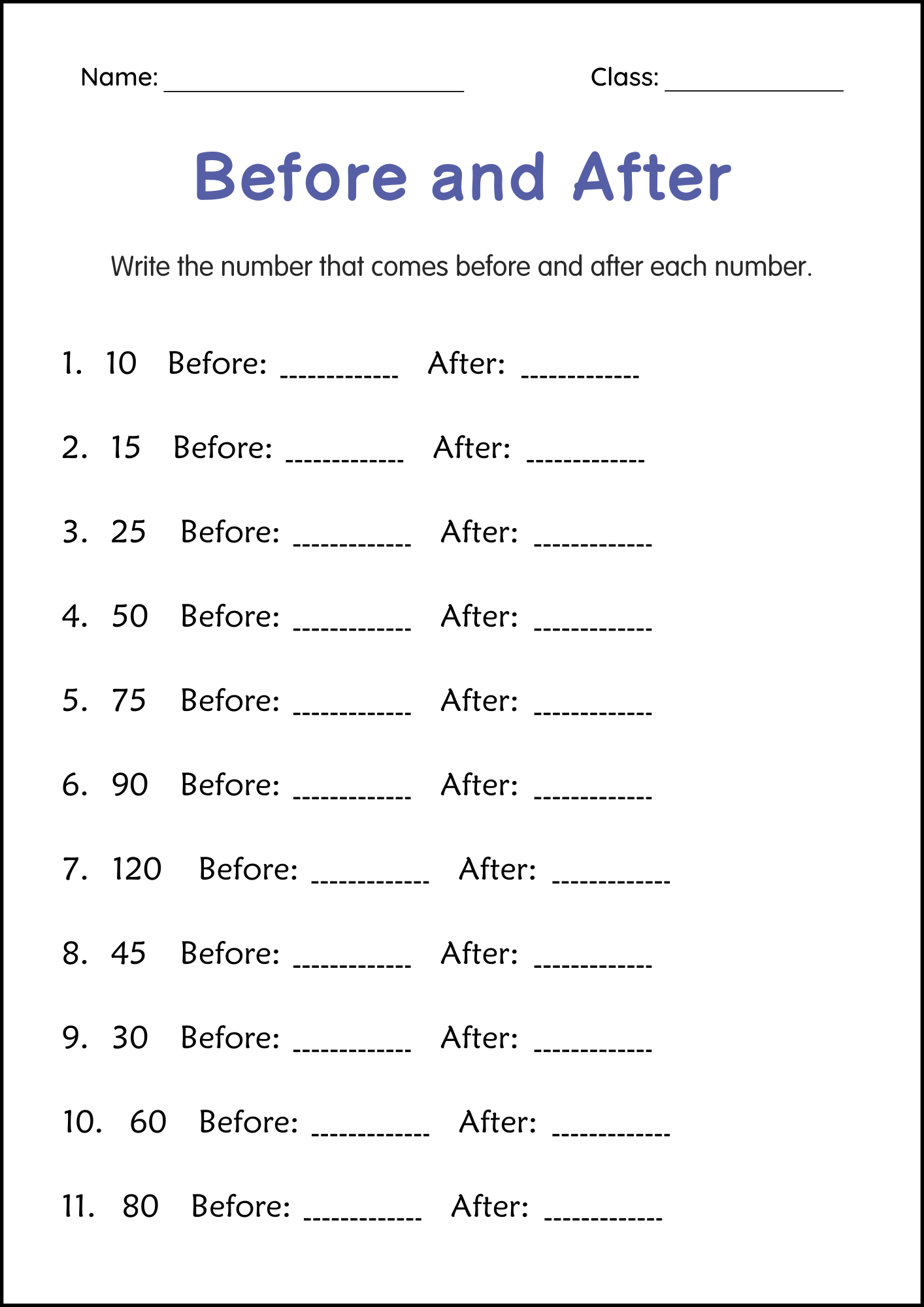 Printable Before and After Numbers 1 to 100 Math Worksheets - One More ...