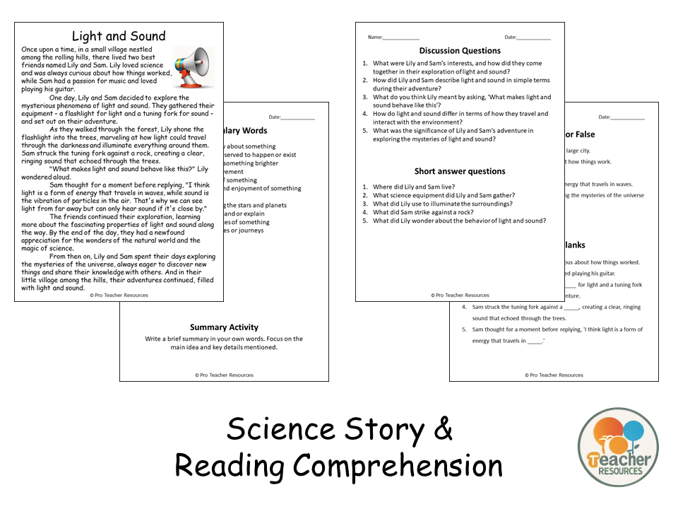 Light and Sound Reading Science Story Comprehension Questions Worksheet ...