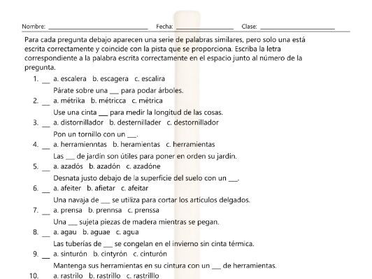 House Repairs, Tools, and Supplies Spelling Challenge Spanish Worksheet ...