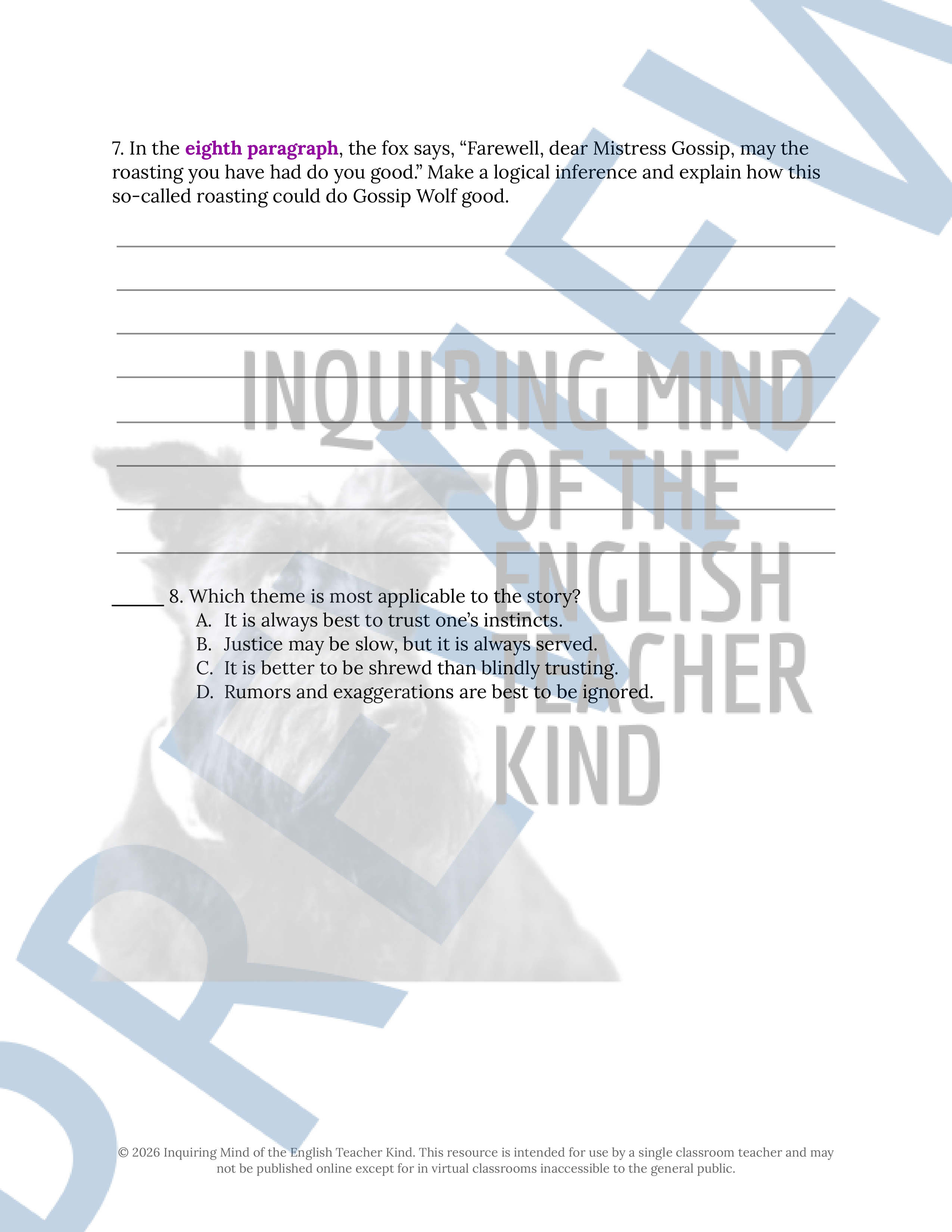 "Gossip Wolf and the Fox" Close Reading Analysis Worksheet | Grimm's ...